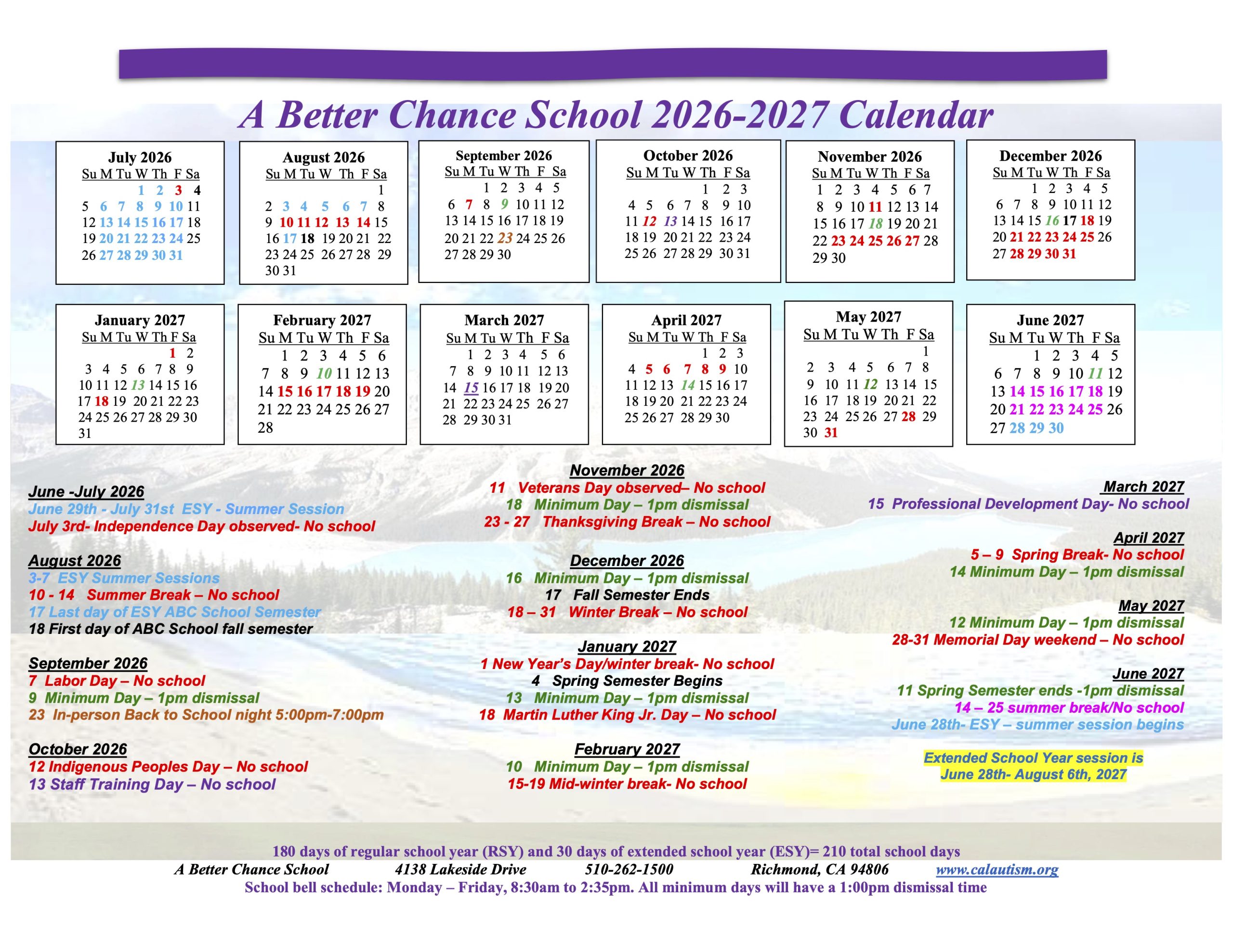 A Better Chance School 2026-2027 Calendar « California Autism Foundation